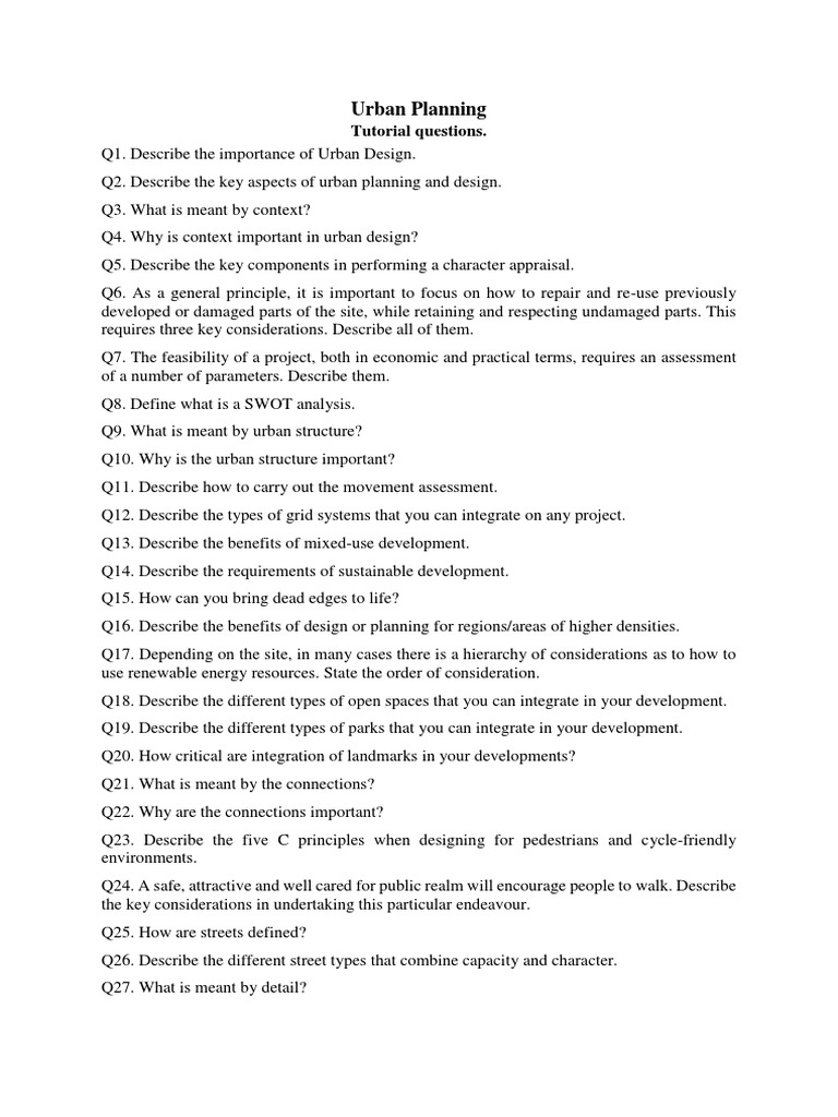 Urban Planning Tutorial Questions | PDF