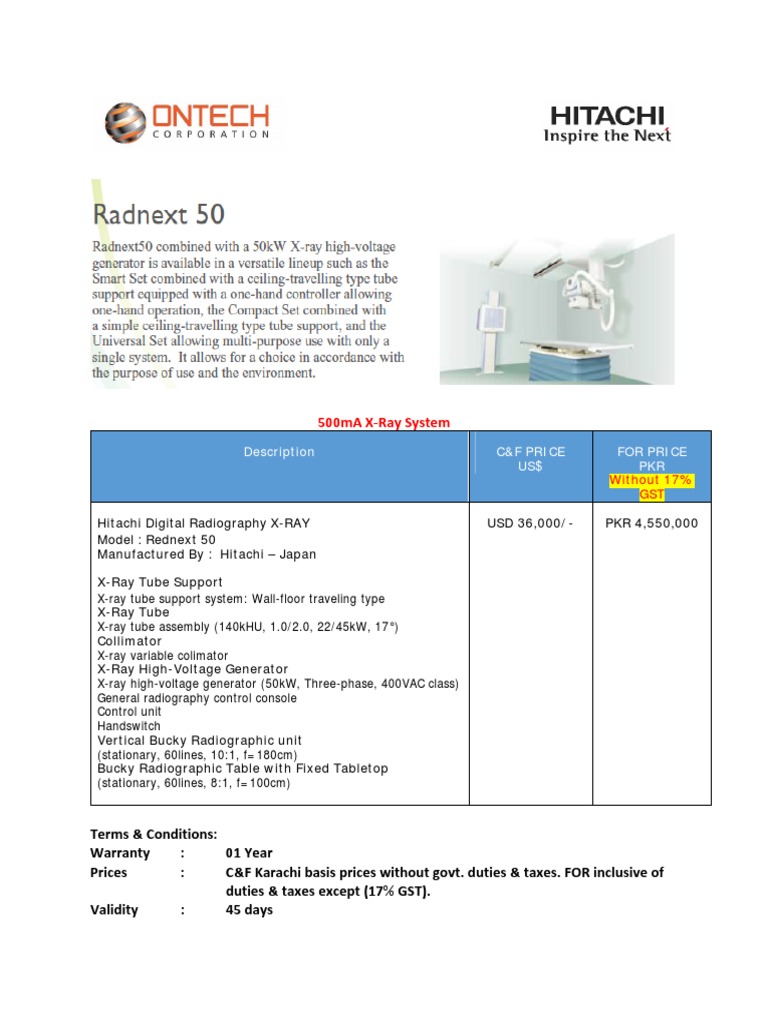 Specifications and pricing for 500mA and 300mA Hitachi digital X-ray ...