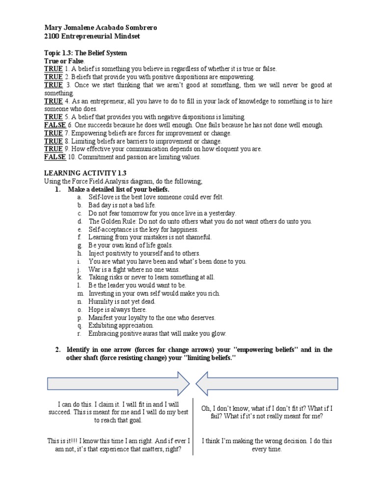 Topic 1.3 The Belief System | PDF | Self Esteem | Human Nature