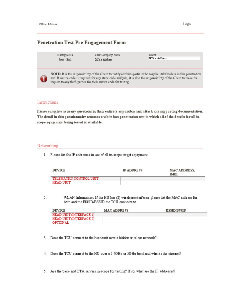 Sample Penetration Test ROE Form | PDF | Wireless Lan | Source Code