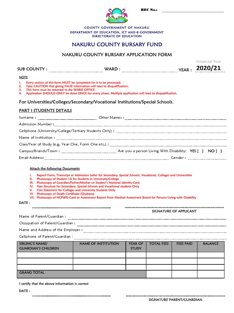 Nakuru County Bursary Application Form | PDF | Further Education | Business