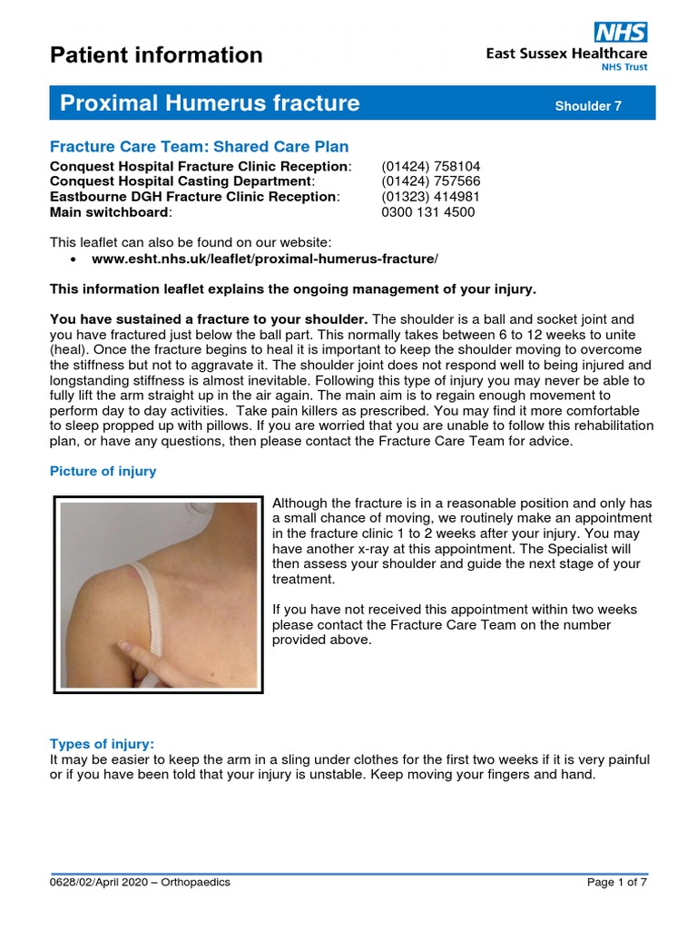 Proximal Humerus Fracture: Fracture Care Team: Shared Care Plan | PDF ...