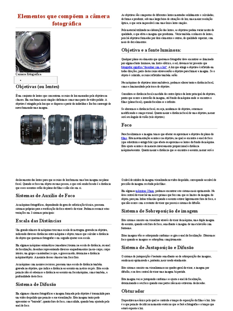 Elementos Que Compõem A Câmera Fotográfica | PDF | Abertura | Câmera
