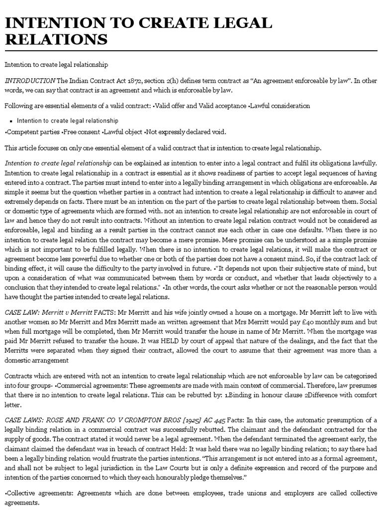 Intention To Create Legal Relations | PDF | Common Law | Private Law