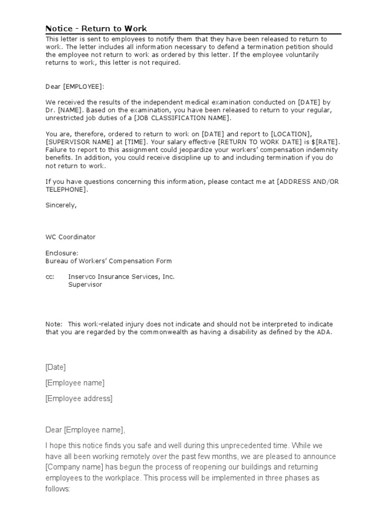 Notice - Return To Work | PDF | Workers' Compensation | Telecommuting
