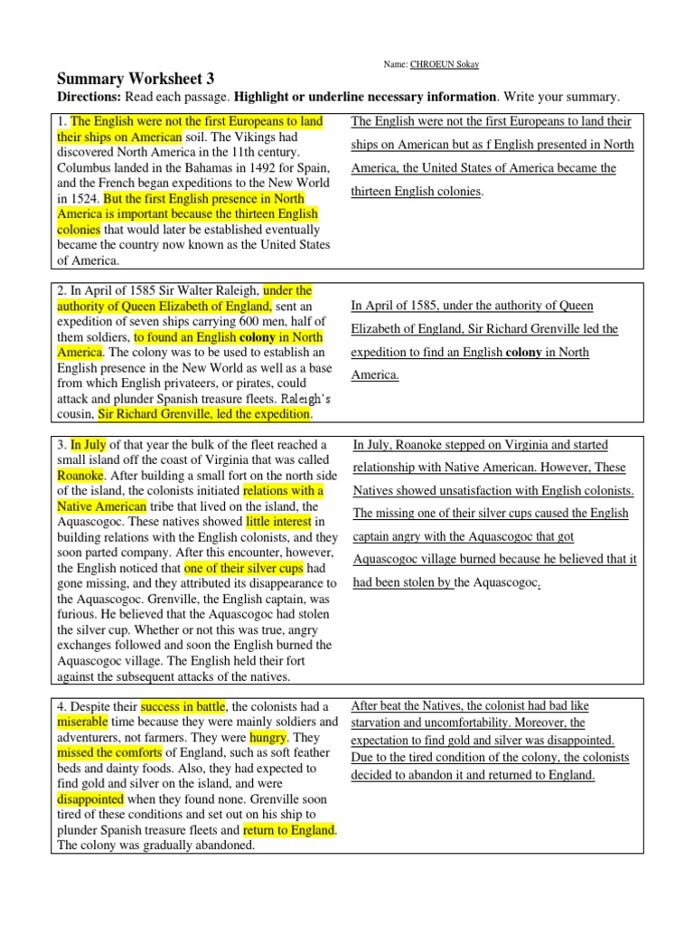 Summary Worksheet 3 | PDF | Roanoke Colony | Violence