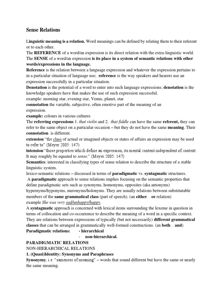 Lecture 1 Sense Relations - Lecture Notes | PDF | Semantics | Word