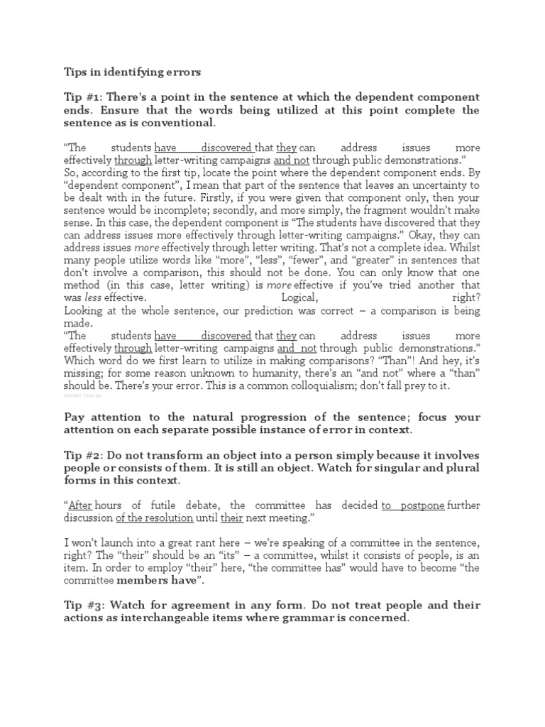 Tips in Identifying Errors | PDF | Grammatical Number | Verb