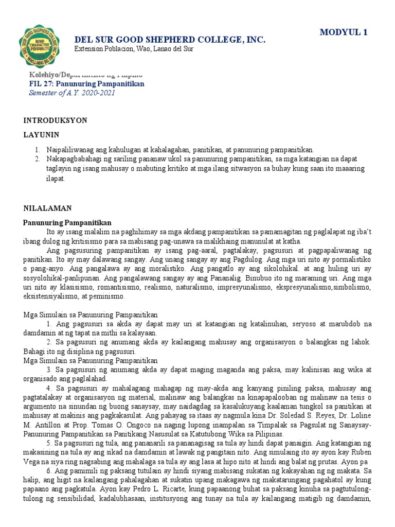 Module 1 Panunuring Pampanitikan | PDF