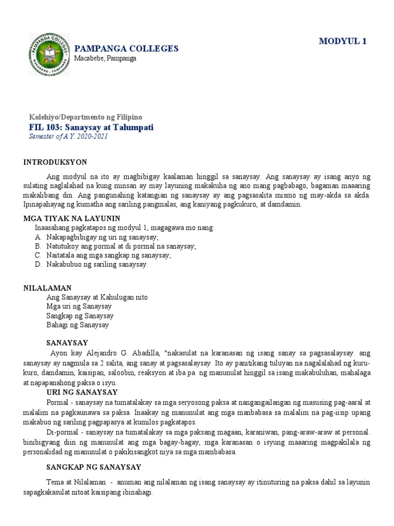 Module 1 Sanaysay at Talumpati | PDF