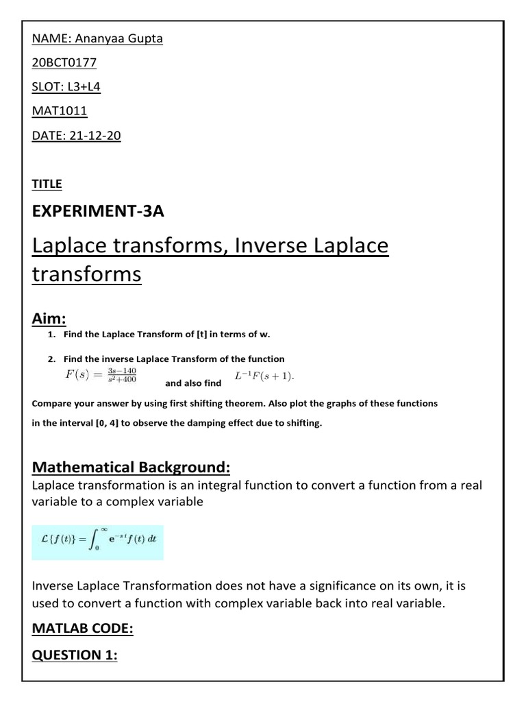 Laplace Transforms, Inverse Laplace Transforms: Experiment-3A | PDF ...