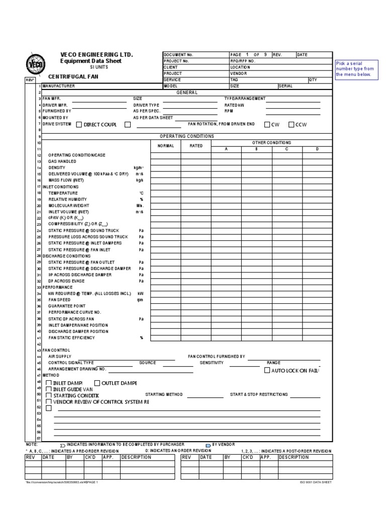 Centrifugal Fan Equipment Data Sheet | PDF | Pump | Valve