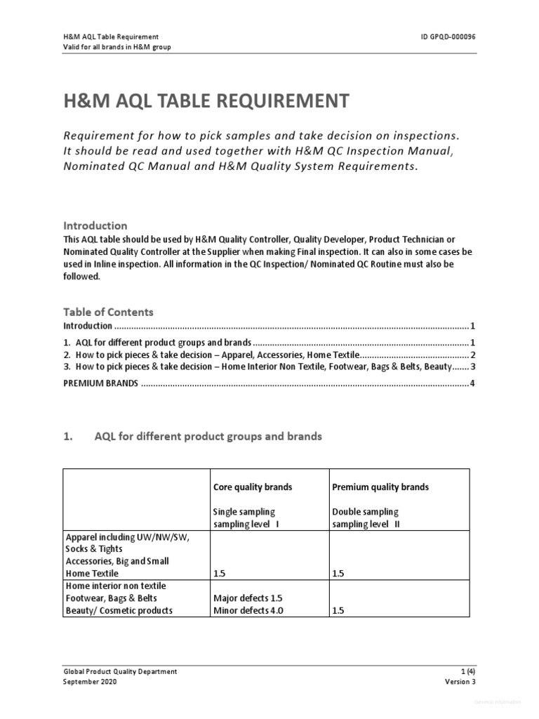 H&M AQL Table Requirement | PDF | Clothing | Business