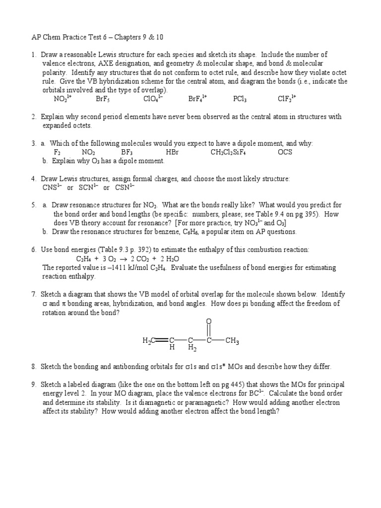 AP Chemistry Practice Test: Lewis Structures & Bonding | PDF | Chemical ...