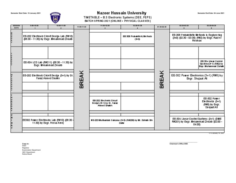 Nazeer Hussain University: TIMETABLE - B.S Electronic Systems (DEE, FEPS) | Download Free PDF ...