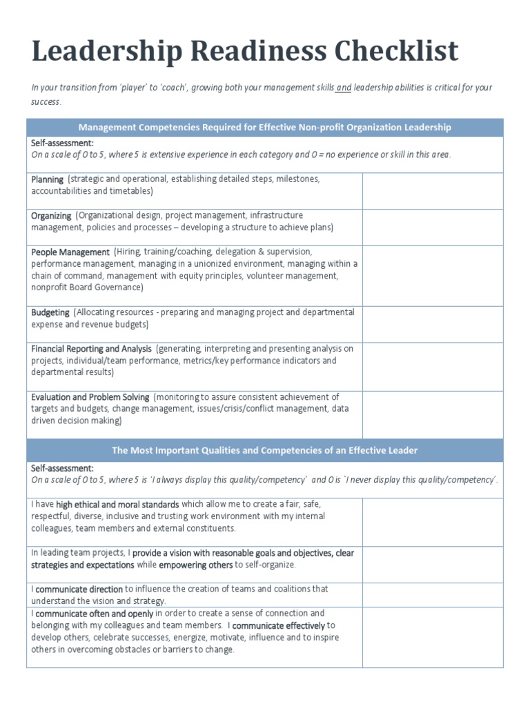 Leadership Readiness Checklist: Management Competencies Required For ...