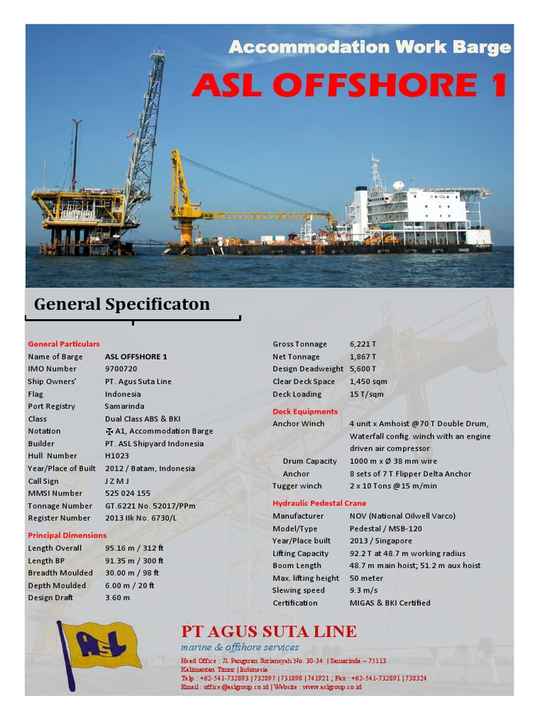 Asl Offshore 1: Accommodation Work Barge | PDF | Tonnage | Shipping