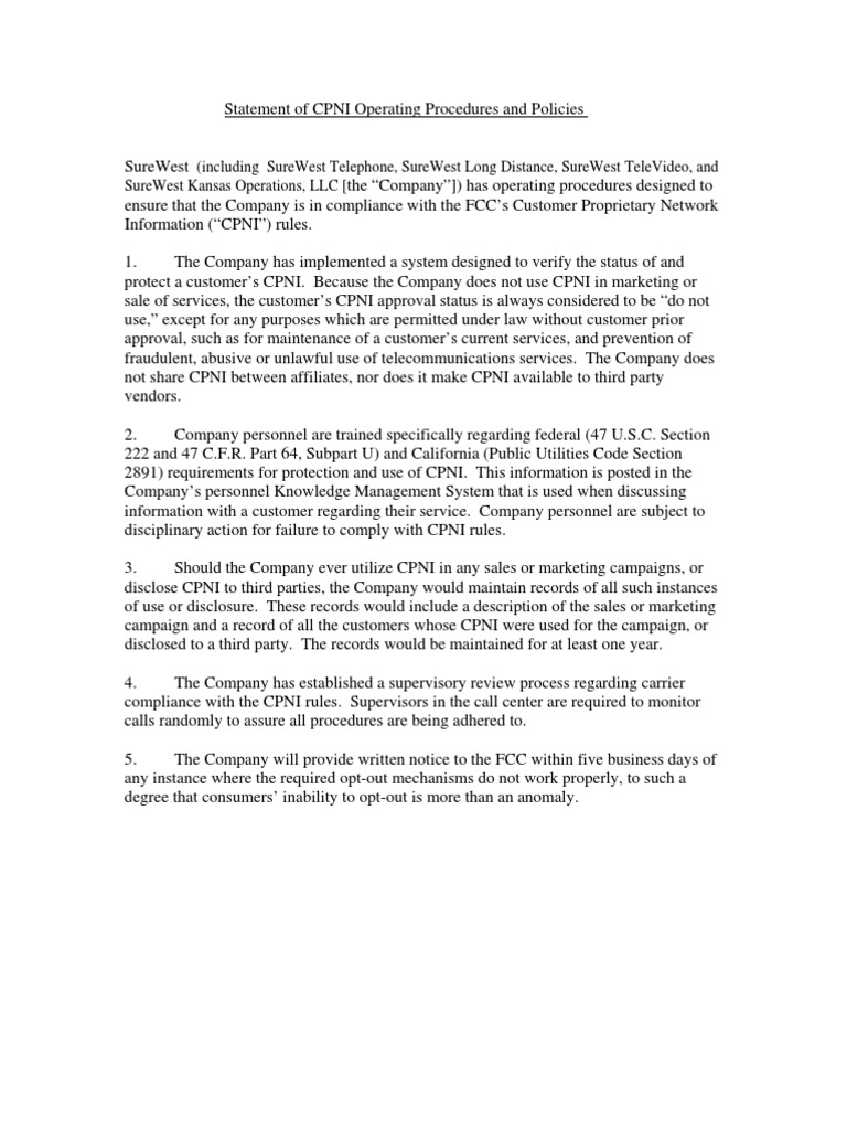 CPNI Statement Re Operating Procedures | PDF | Customer Proprietary ...