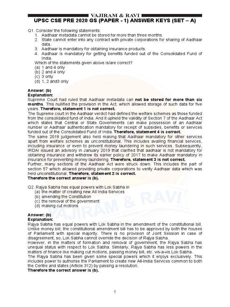 Upsc Cse Pre 2020 Gs Paper 1 Answer Keys Set A Pdf