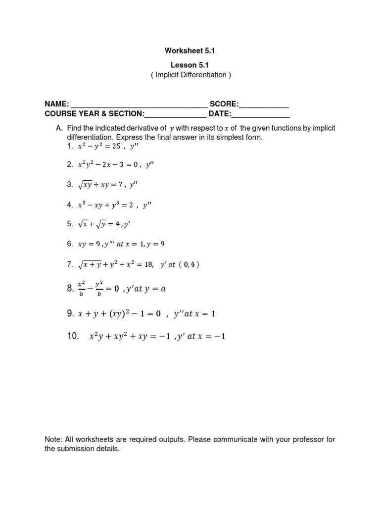DIC 201 IMPLICIT DIFFERENTIATION Worksheet 5 PDF | PDF