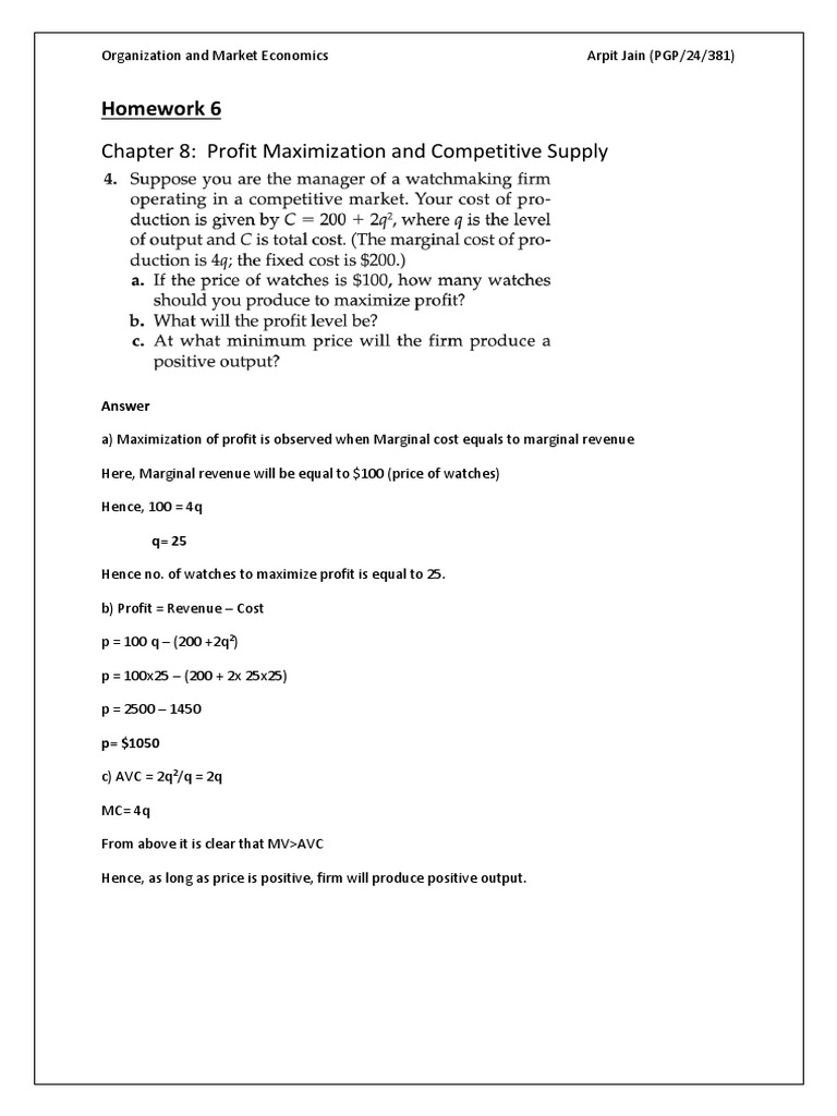 Chapter 8: Profit Maximization and Competitive Supply: Homework 6 | PDF ...