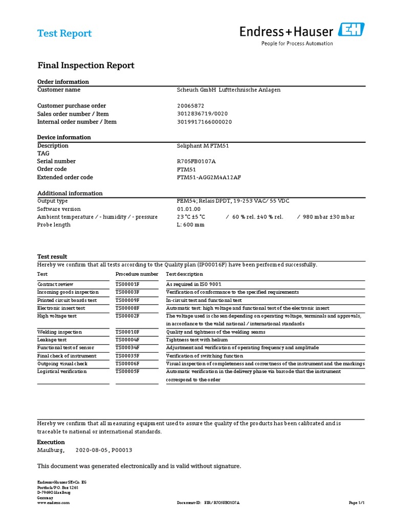Soliphant M FTM51 - Final Inspection Protocol - SERNR - R705FB0107A (En ...