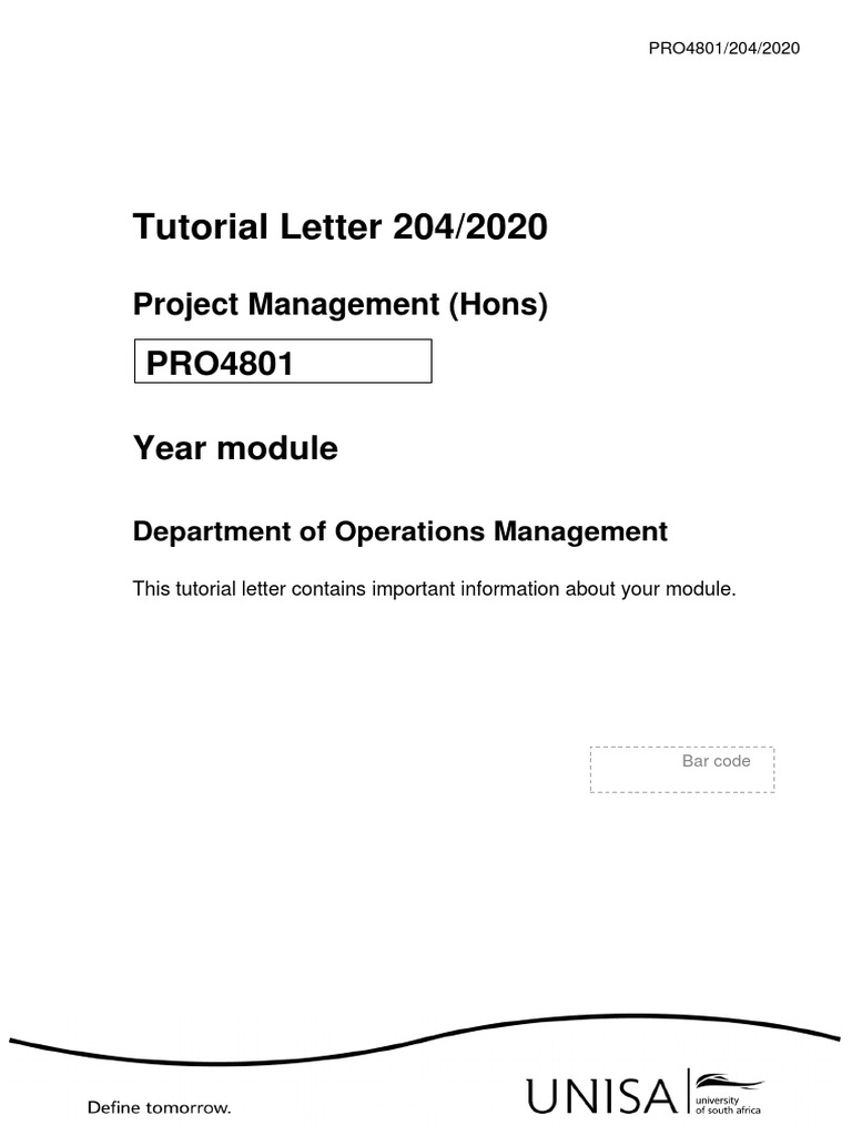 Tutorial Letter 204/2020: Project Management (Hons) | PDF | Project ...