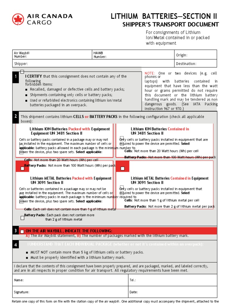 Lithium Batteries-Section Ii: Shipper'S Transport Document | PDF ...