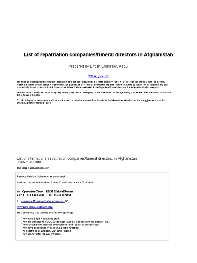 List of Repatriation Companies/funeral Directors in Afghanistan | PDF ...