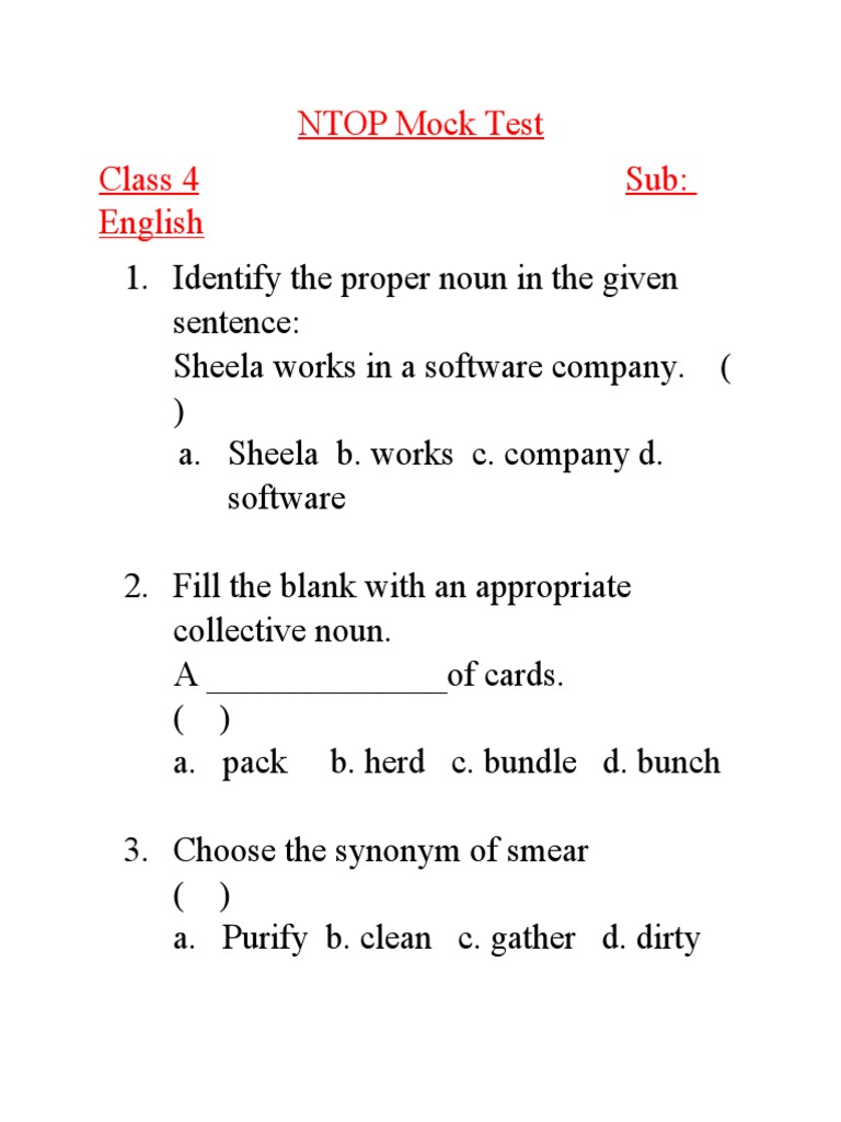 Mock Test for Class 4 English Exam with Answers on Common and Proper ...