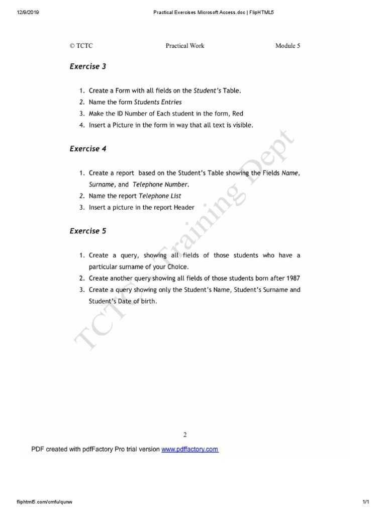 Practical Exercises Microsoft Access Doc | PDF