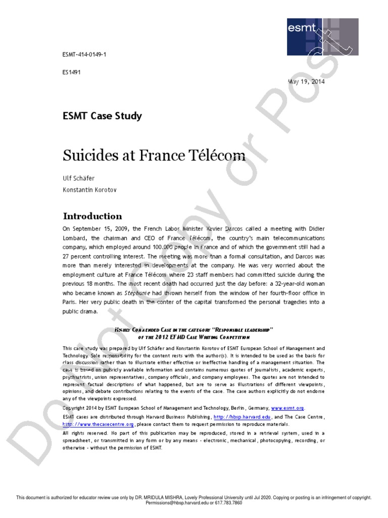 Suicides at France Télécom: ESMT Case Study | PDF | Economies | Business