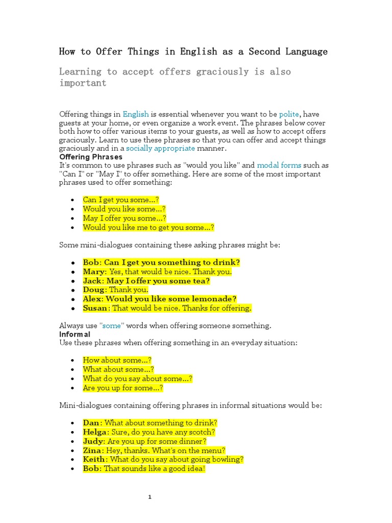 How To Offer Things in English | PDF | Phrase | Beverages
