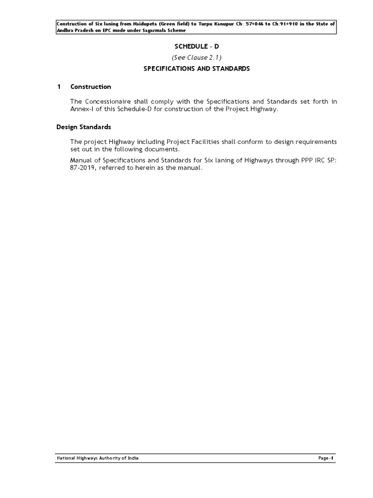Schedule - D Specifications and Standards 1 Construction: (See Clause 2 ...