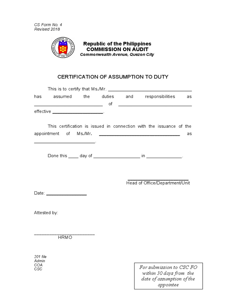 CS Form No 4 Rev2018-Cert of Assumption To Duty | PDF