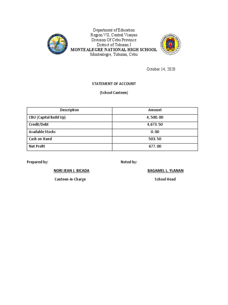 Montealegre National High School Canteen Account | PDF
