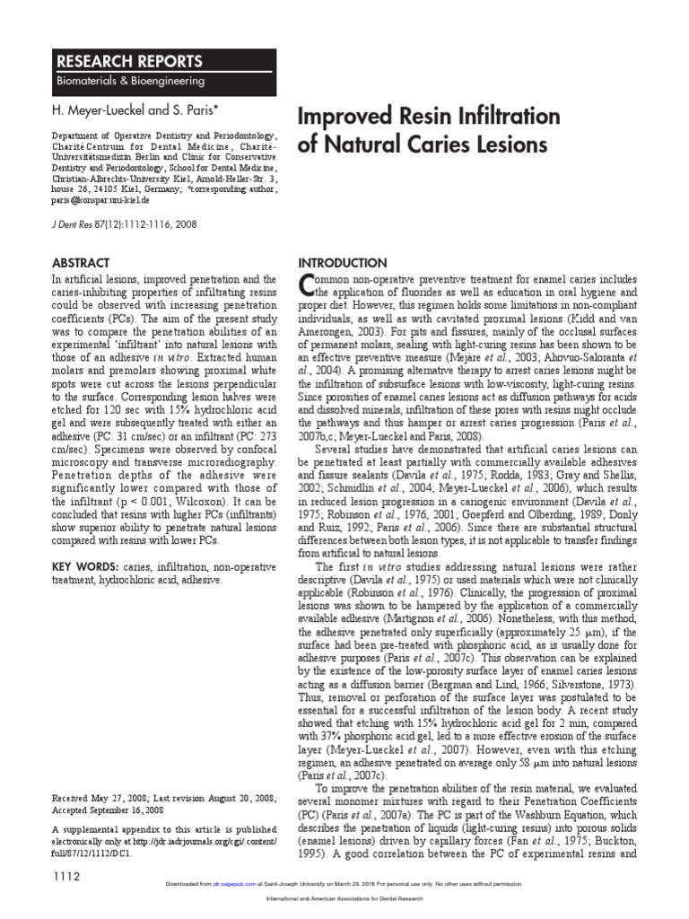 2008 Improved Resin Infiltration of Natural Caries Lesions | PDF ...