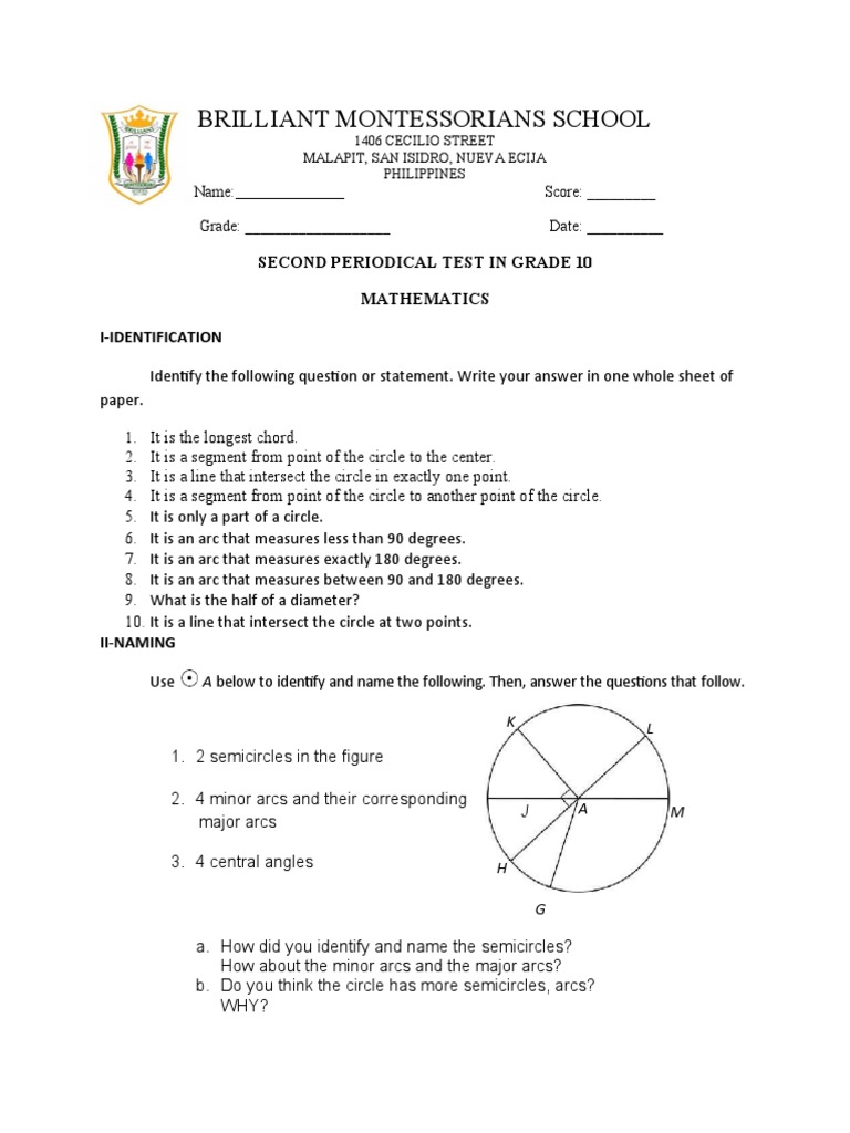 Brilliant Montessorians School: Second Periodical Test in Grade 10 ...