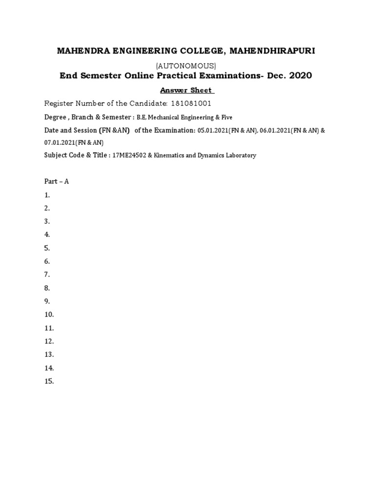 First Page of Answer Sheet - A4 Sheet | PDF