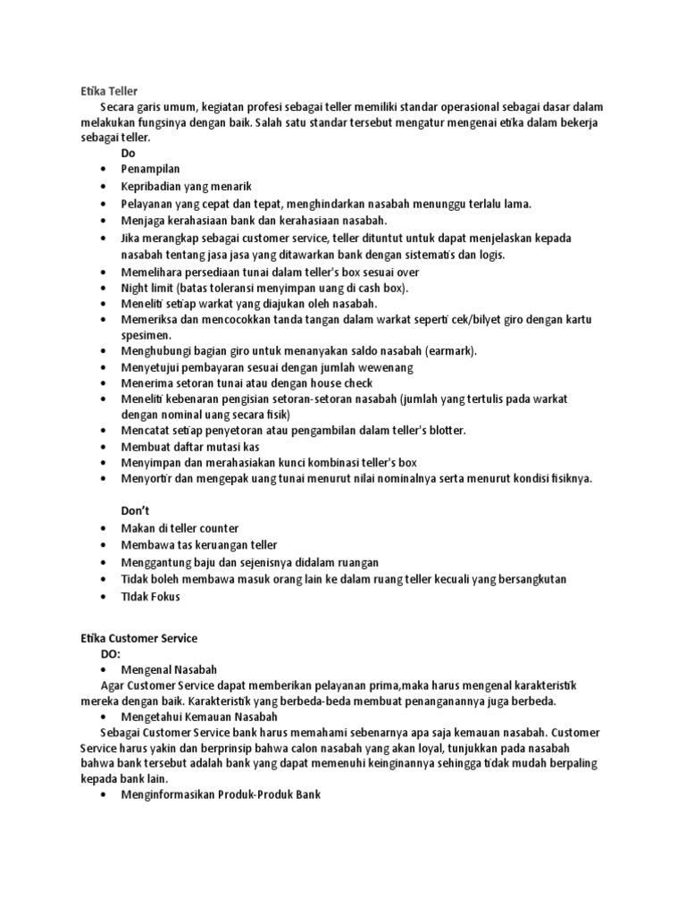 Etika Teller, CS, Dan Satpam | PDF