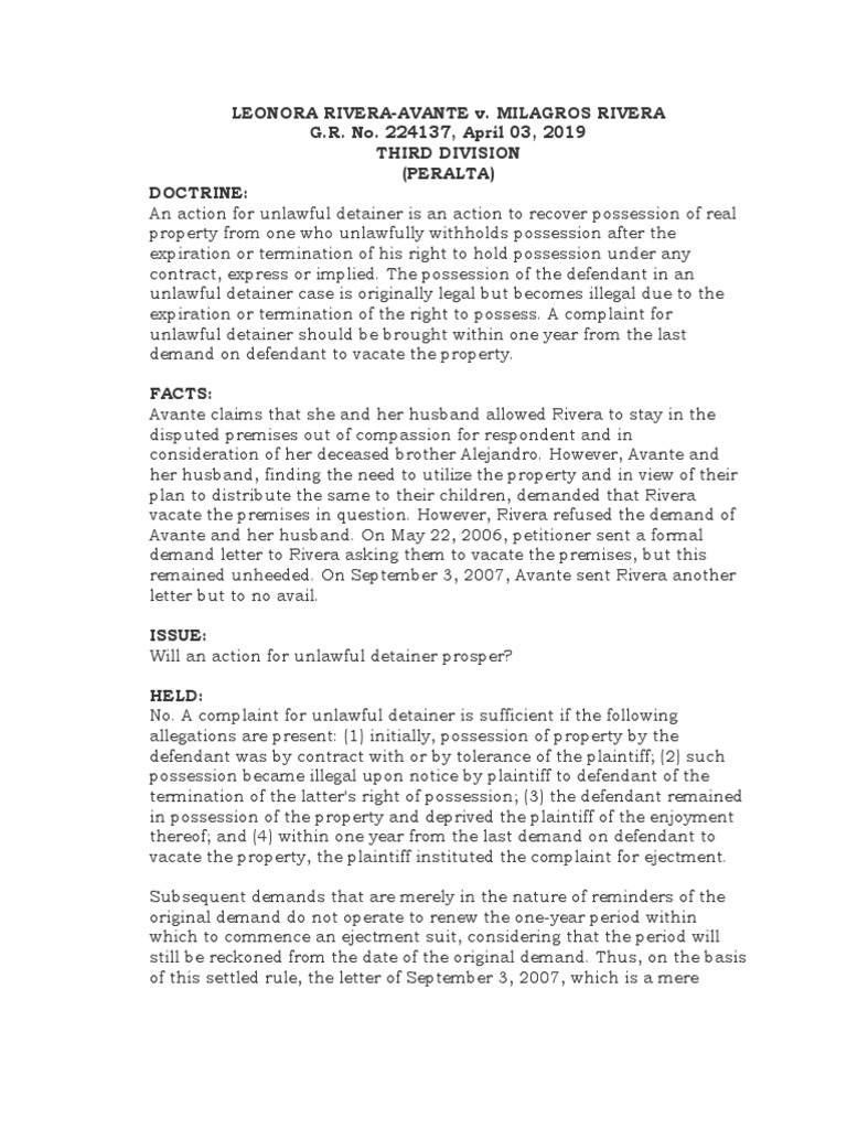 Leonora Rivera-Avante V. Milagros Rivera G.R. No. 224137, April 03 ...