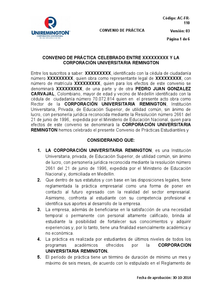 Convenio de Practica Uniremington. | PDF | Corporaciones | Evaluación