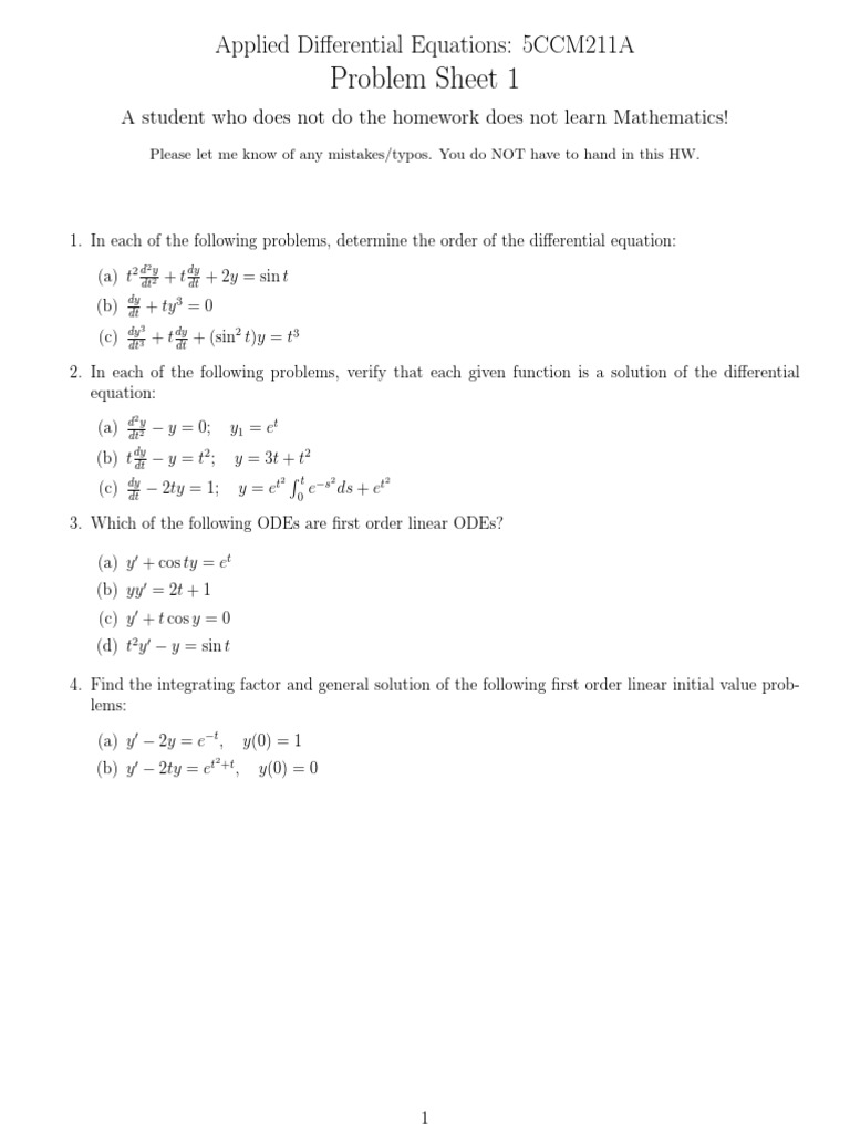 Problem Sheet 1: Applied Differential Equations: 5CCM211A | PDF