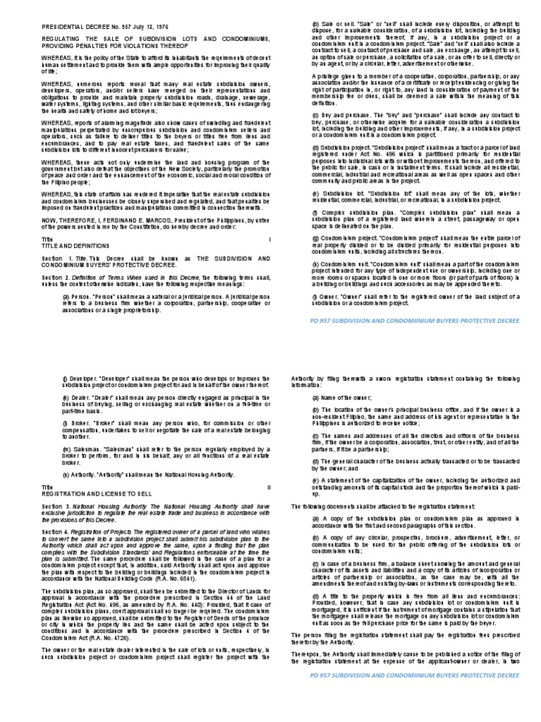 PD 957 Subdivision and Condomiinium Buyers Protective Decree | PDF ...