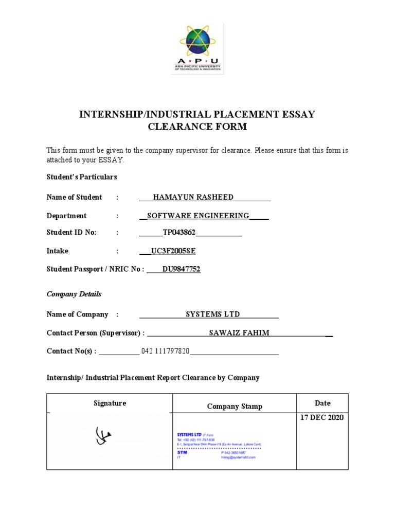 Internship Placement Report Clearance Form | PDF