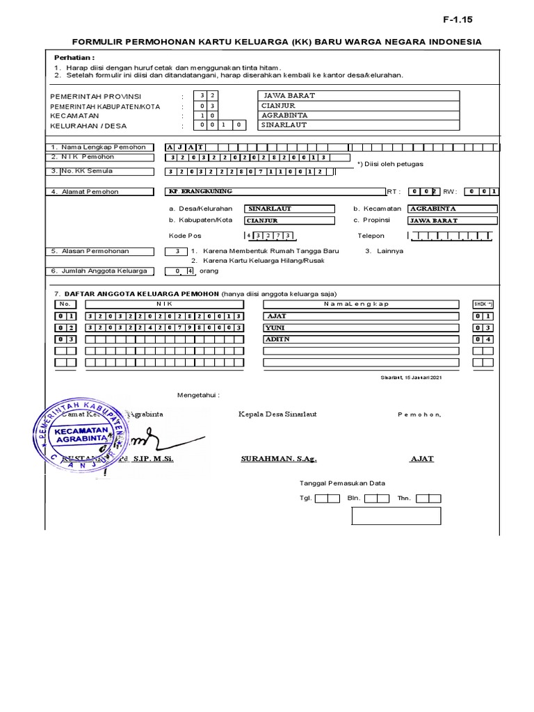 F-1 15 Formulir Permohonan Kartu Keluarga (KK) Baru Warga Negara ...