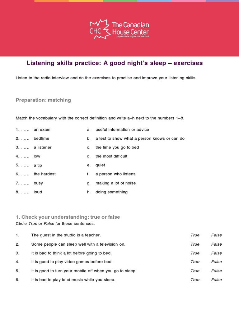 Listening Skills Practice - A1 - A Good Night's Sleep | PDF