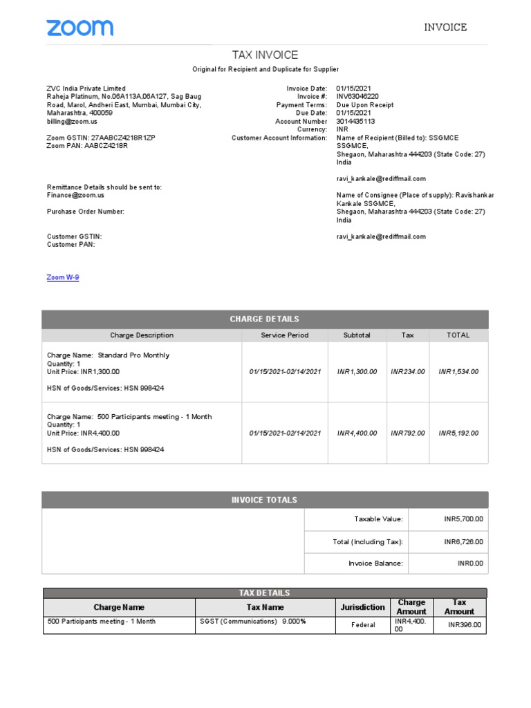 Invoice Tax Invoice: Zoom W-9 | PDF | Invoice | Financial Transaction