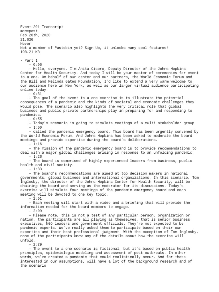 Event 201 Transcript | PDF | Influenza Pandemic | Influenza