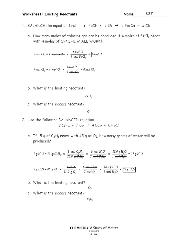 Worksheet: Limiting Reactants Name | PDF